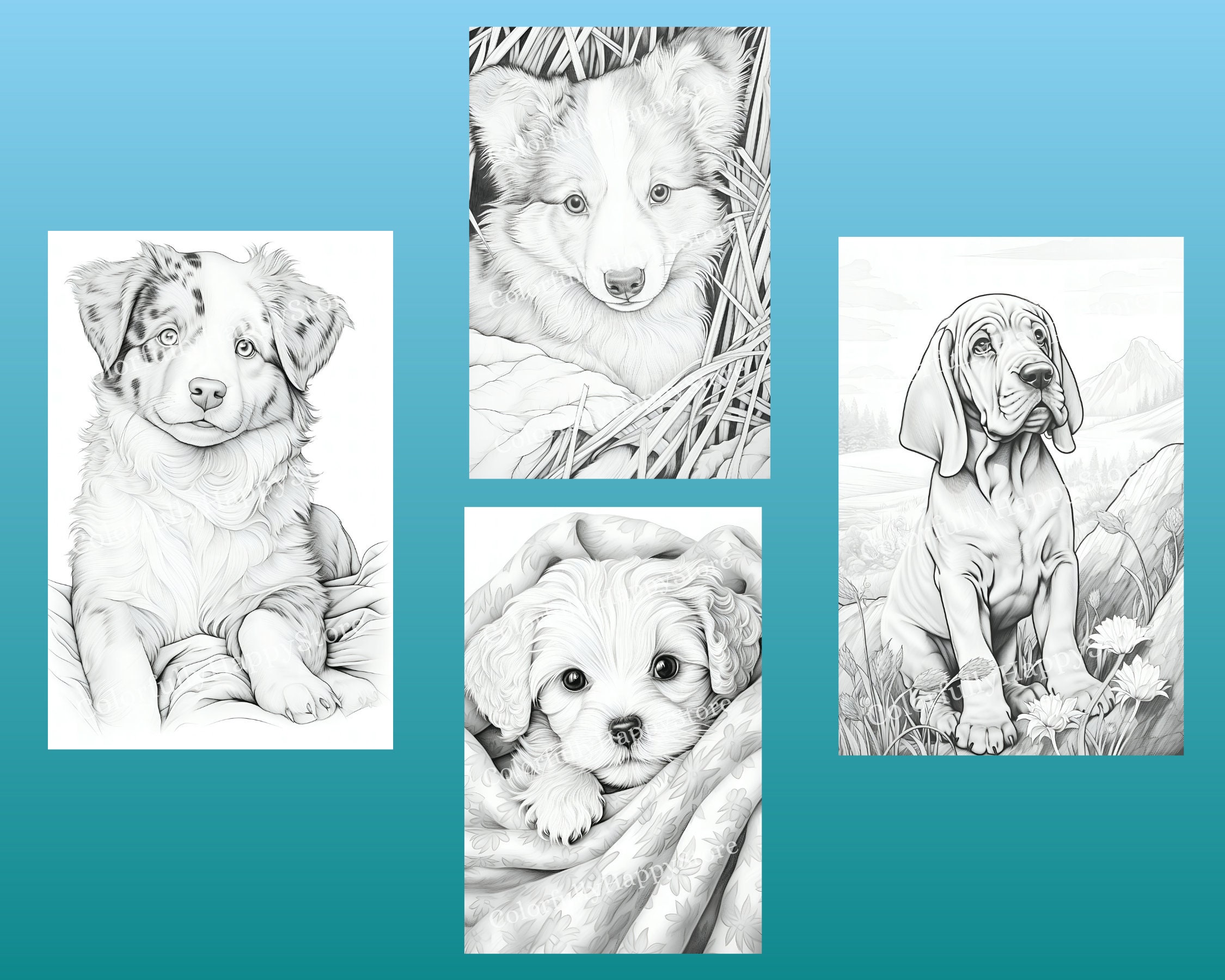 Puppies Coloring Pages: Realistic Dogs, Grayscale Art (PDF Download) - Etsy