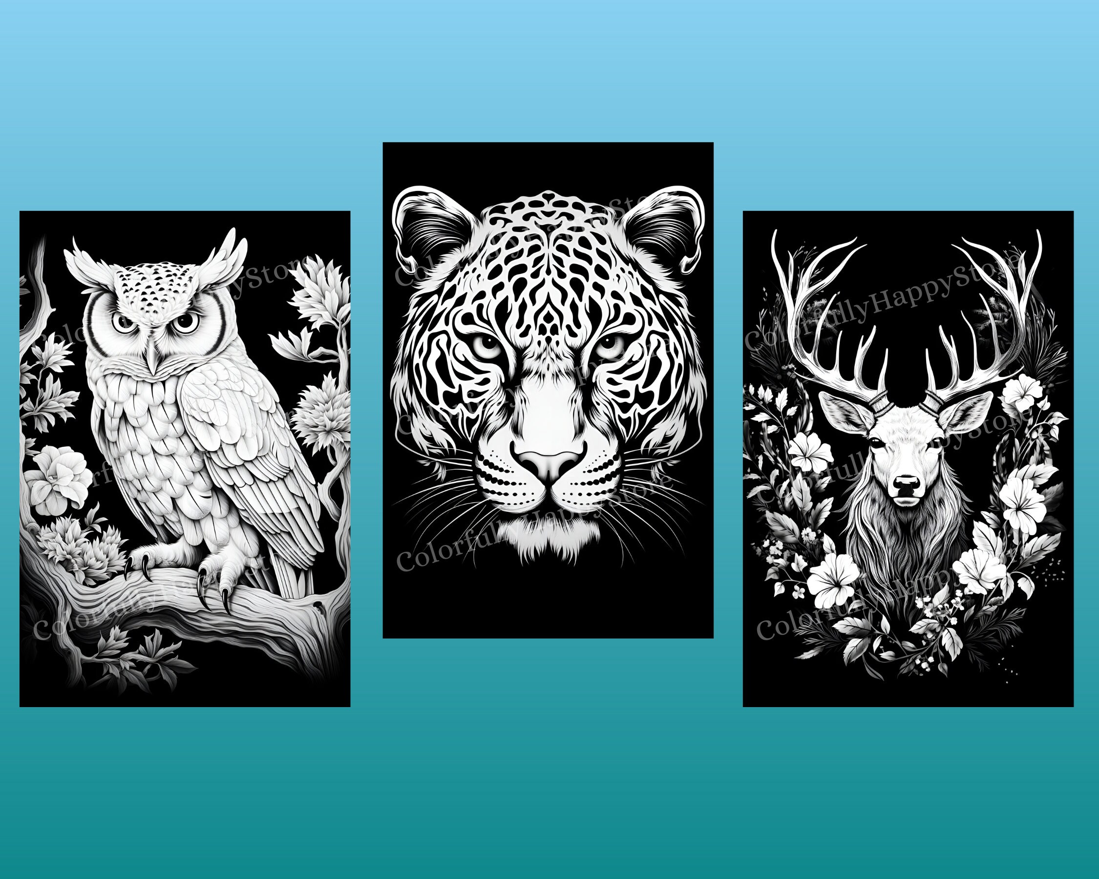 Animal Portraits Coloring Pages: Grayscale Wildlife Line Art (PDF ...