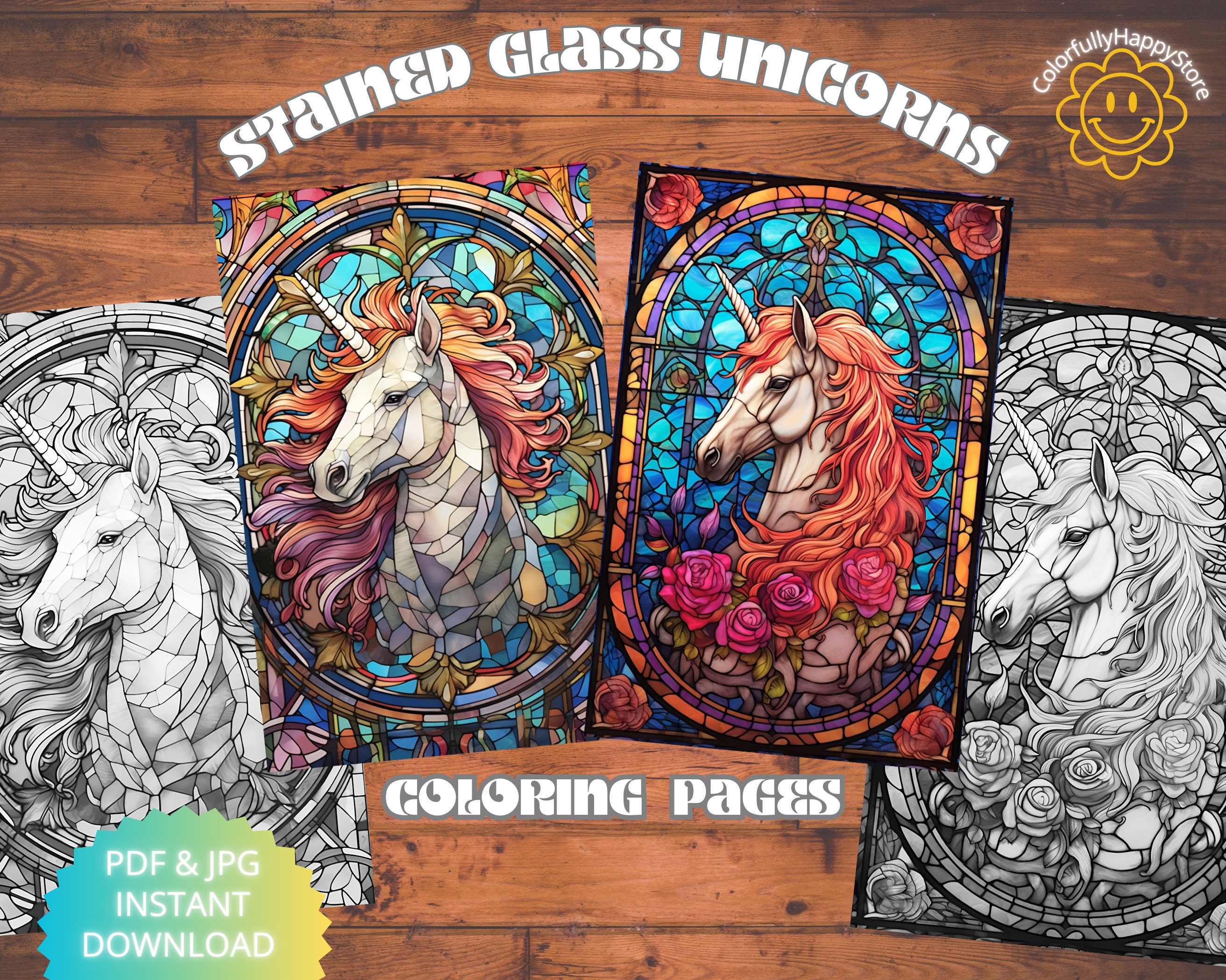 Stained Glass Unicorn Coloring Pages: Grayscale Fantasy Art (PDF & JPG ...