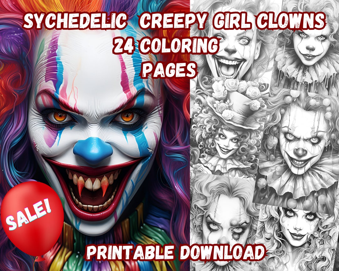 Creepy Girl Clowns, Grayscale Coloring Pages, Adult Coloring Book ...
