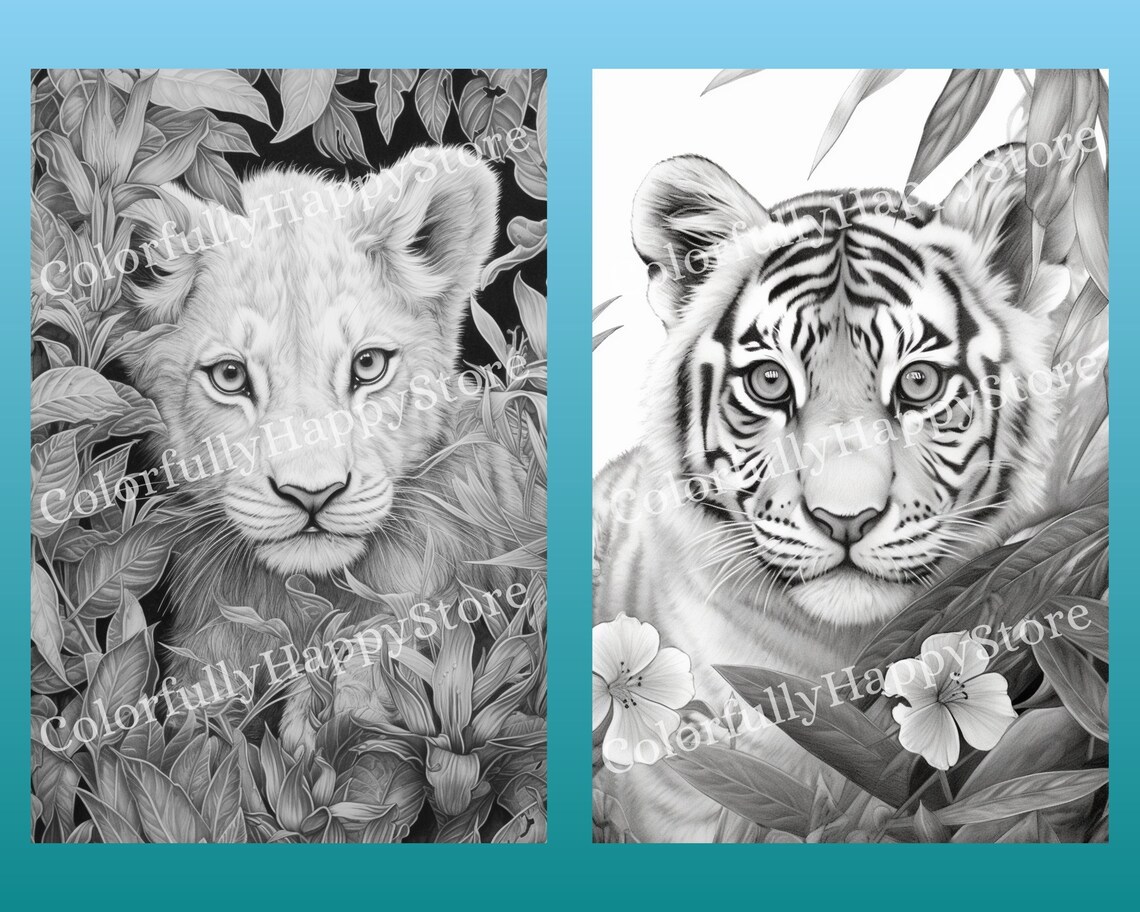 Coloring Lion Tiger Cubs Coloring Pages Adult Coloring Book - Etsy