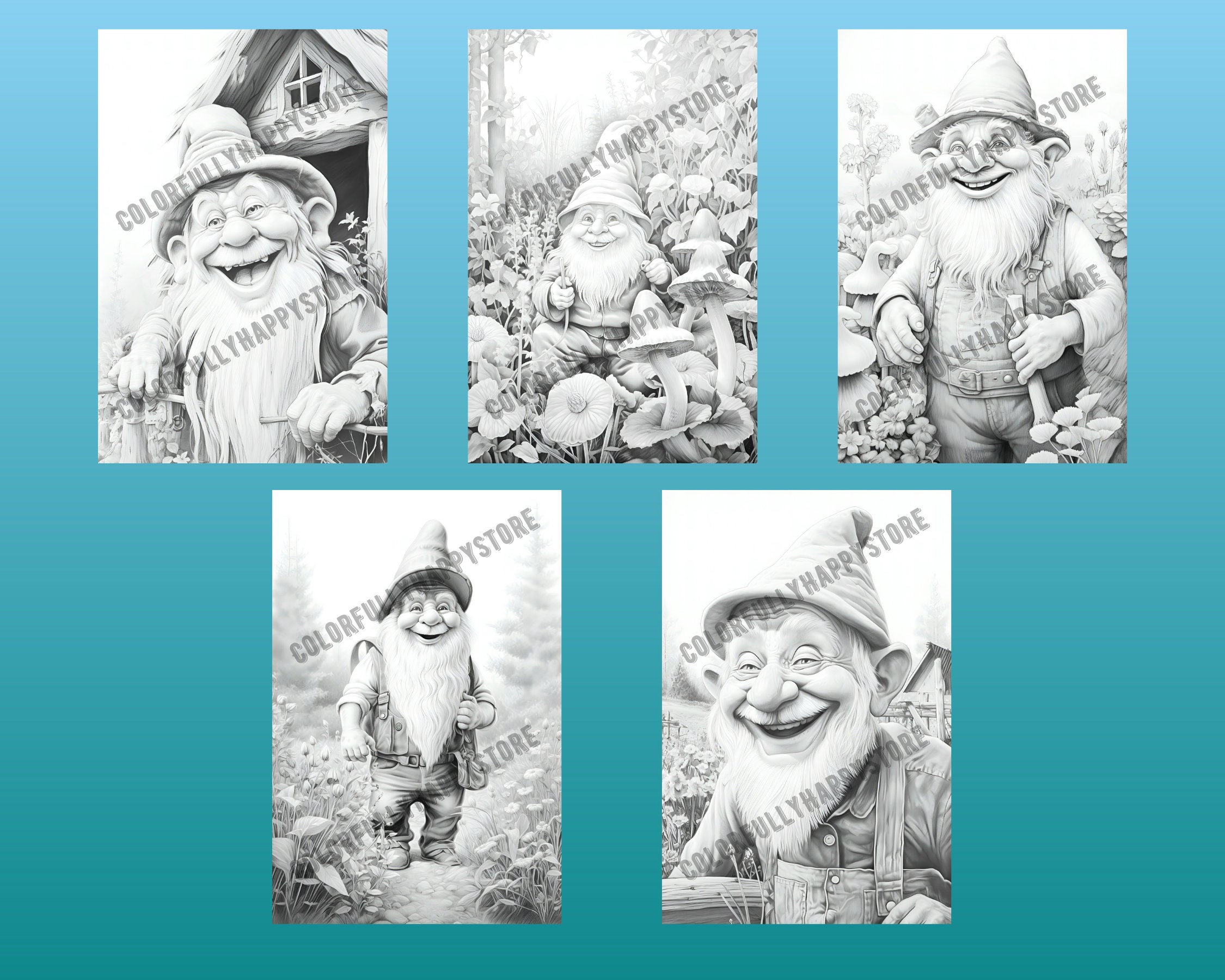 Coloring Pages, Happy Gnome Portraits, Grayscale Coloring Book, Fantasy ...