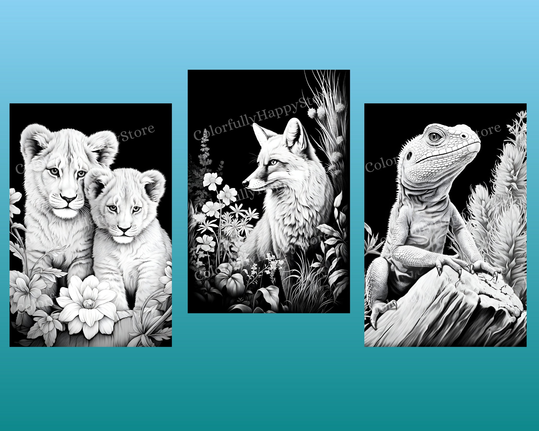 Grayscale Coloring Pages Animal Portraits Vol.1 Black - Etsy