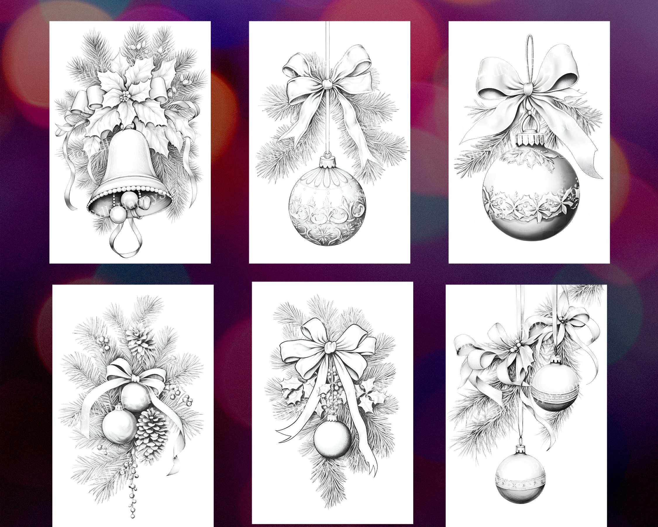 60 Coloring Pages-colorfully Happy Christmas Ornaments, Grayscale Line ...