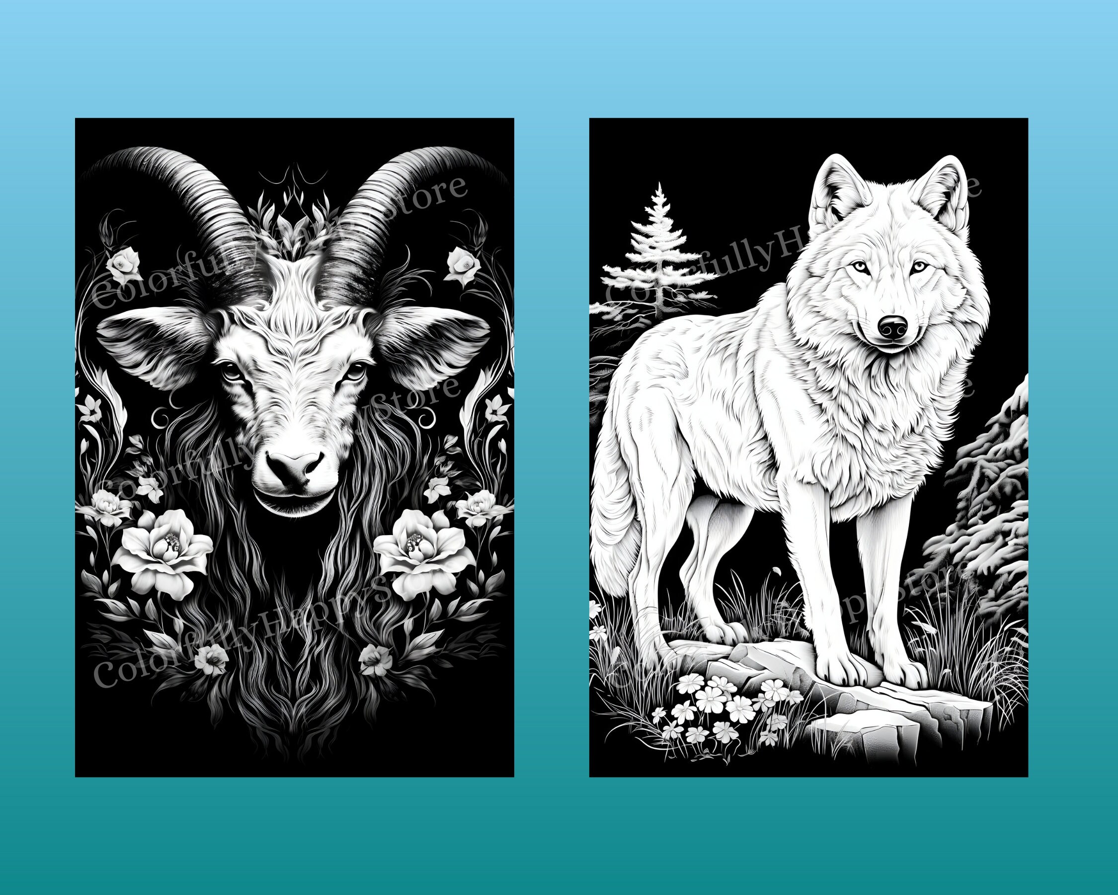Grayscale Coloring Pages, Animal Portraits Vol.1, Black Background ...
