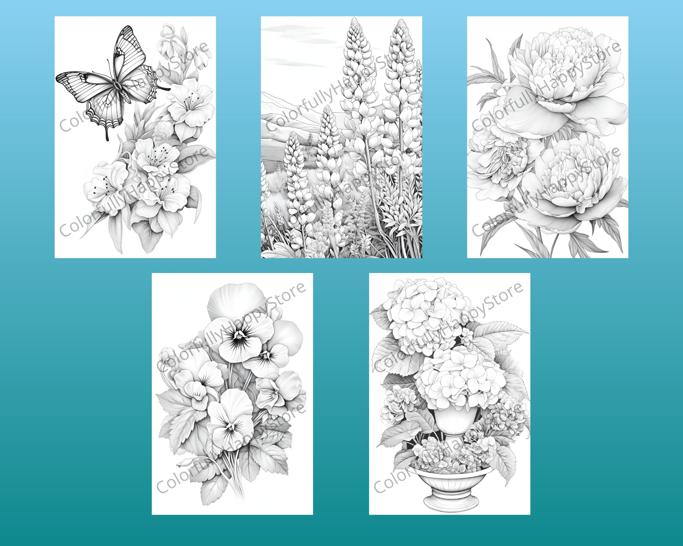 Botanical Coloring Pages, Flowers Grayscale Coloring Book Adult ...