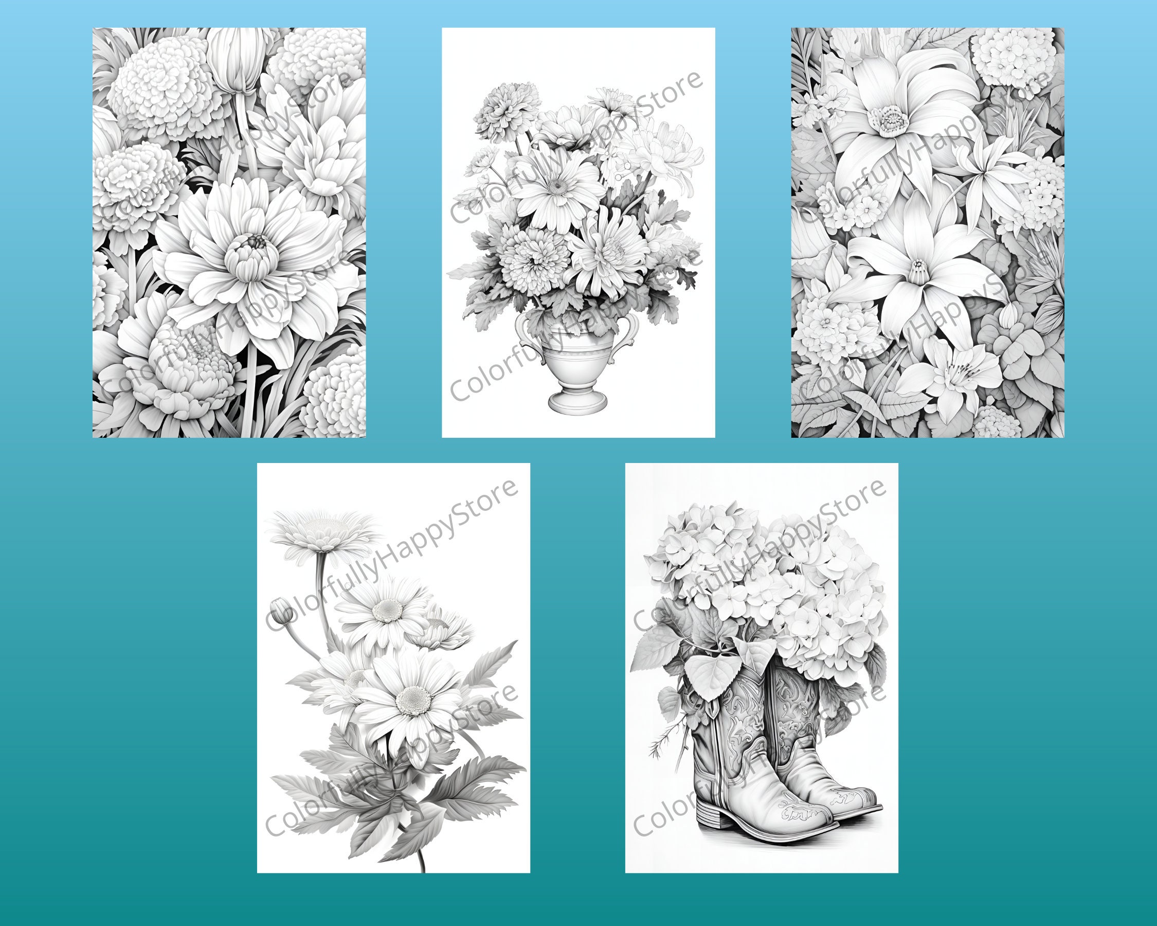 Botanical Coloring Pages, Flowers Grayscale Coloring Book Adult ...