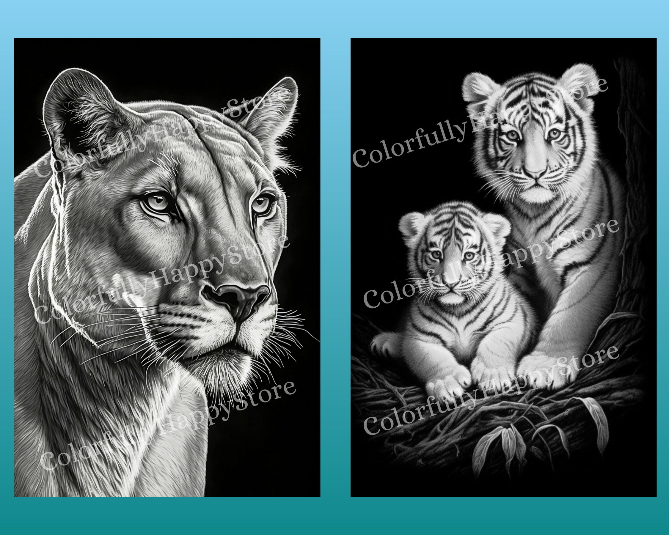 Bigcats Grayscale Coloring Pages Black Background Adult - Etsy