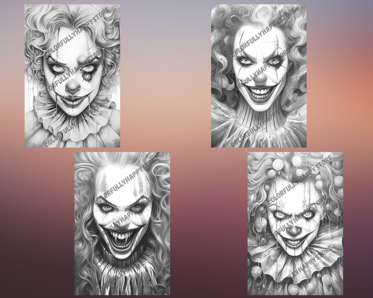 Creepy Girl Clowns Grayscale Coloring Pages Adult Coloring - Etsy