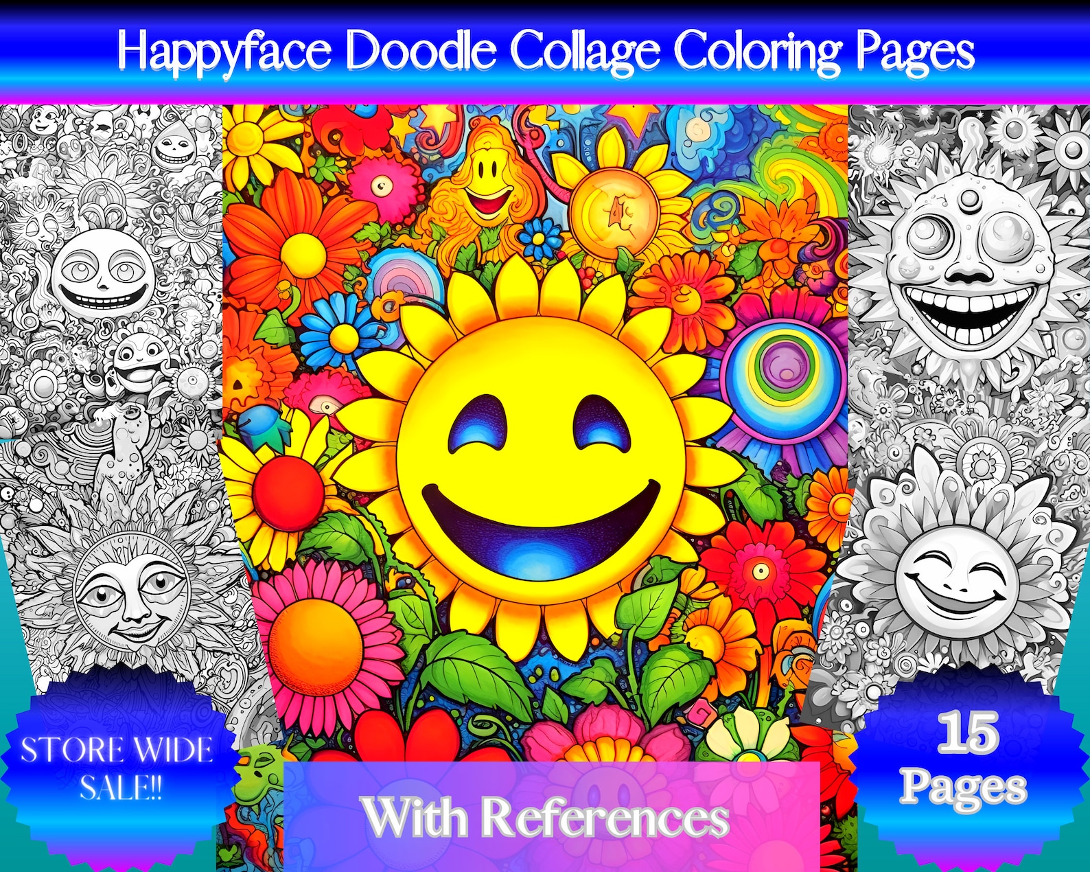 Doodle Collage Coloring Pages, Adult Coloring,smilely Face, Floral ...