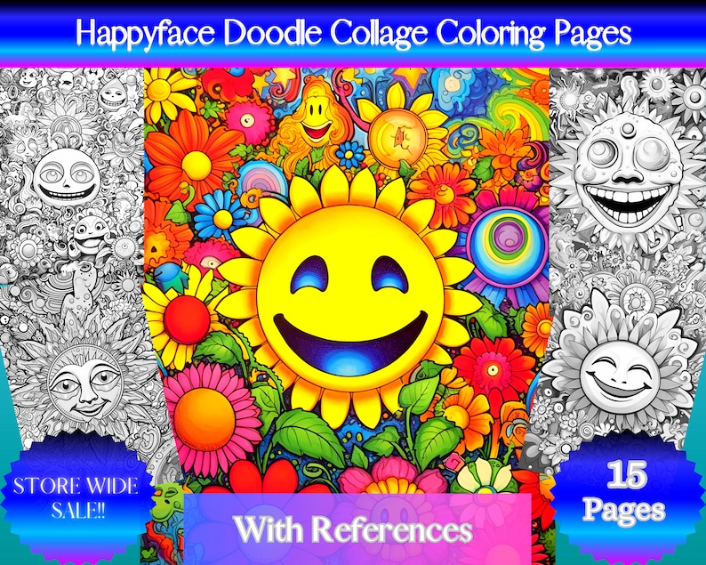Doodle Collage Coloring Pages Adult Coloringsmilely Face - Etsy
