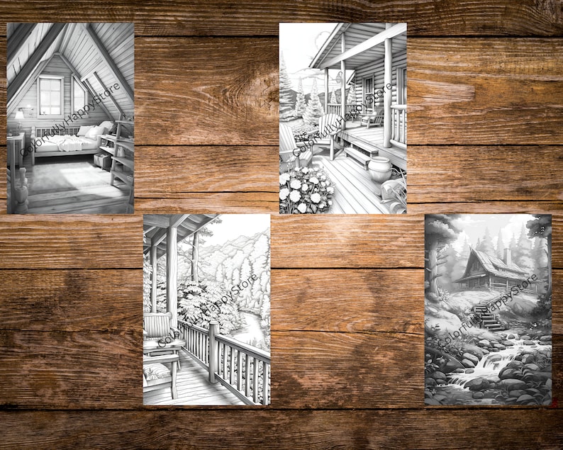 Adult Coloring Pages, Cozy,log Cabins Grayscale Coloring Book ...
