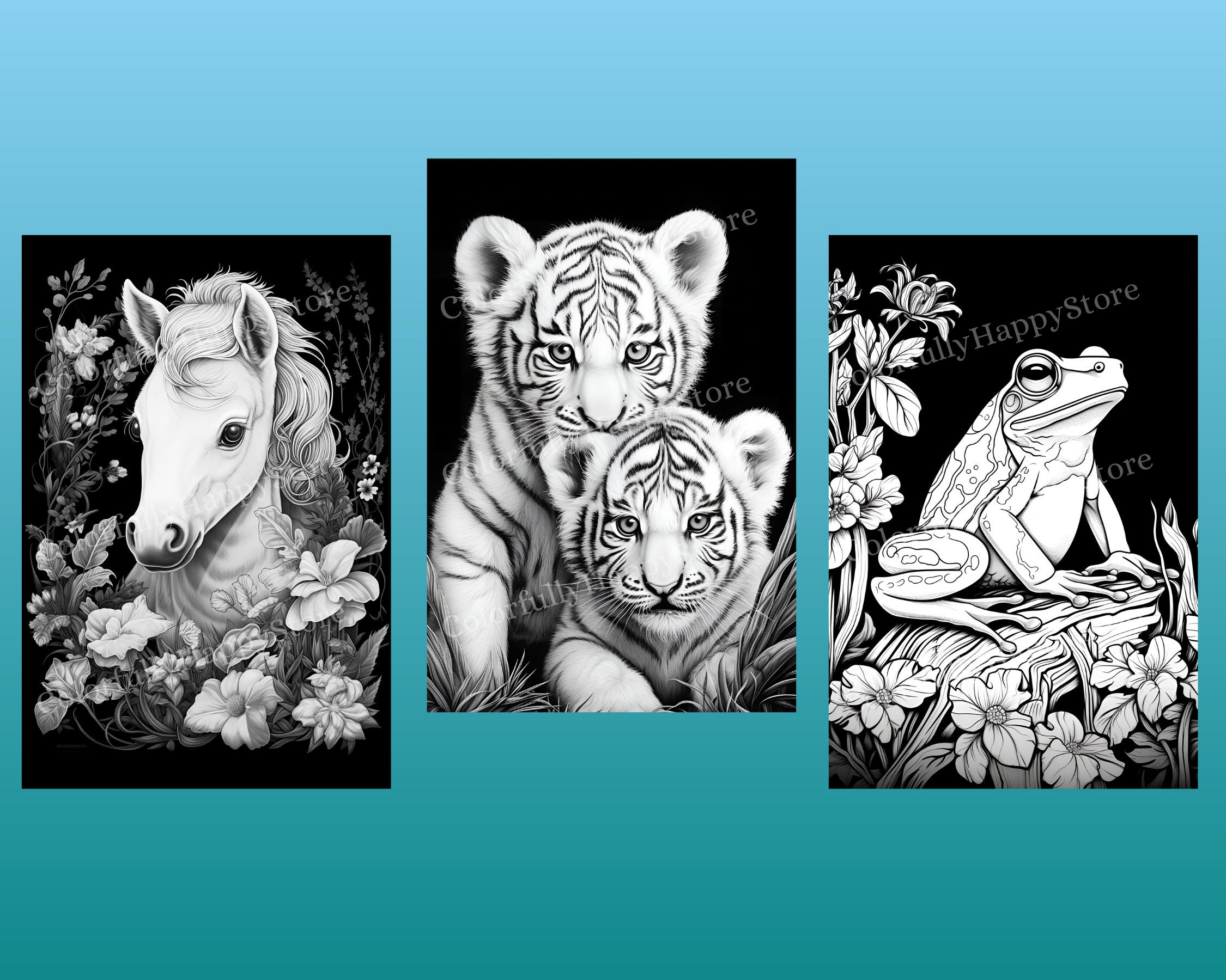 Grayscale Coloring Pages, Animal Portraits Vol.1, Black Background ...