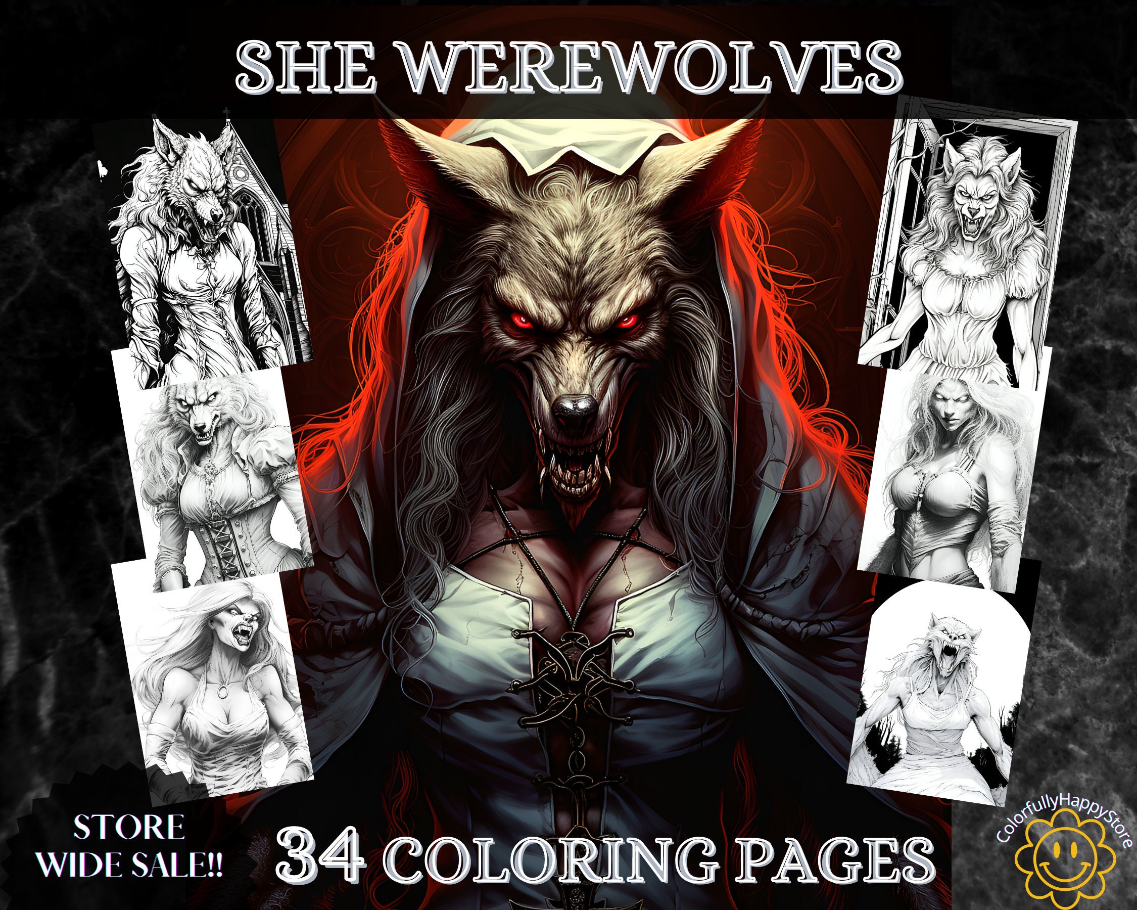She Werewolves Grayscale Coloring Book: Horror Adult Coloring Pages (PDF Download) - Etsy