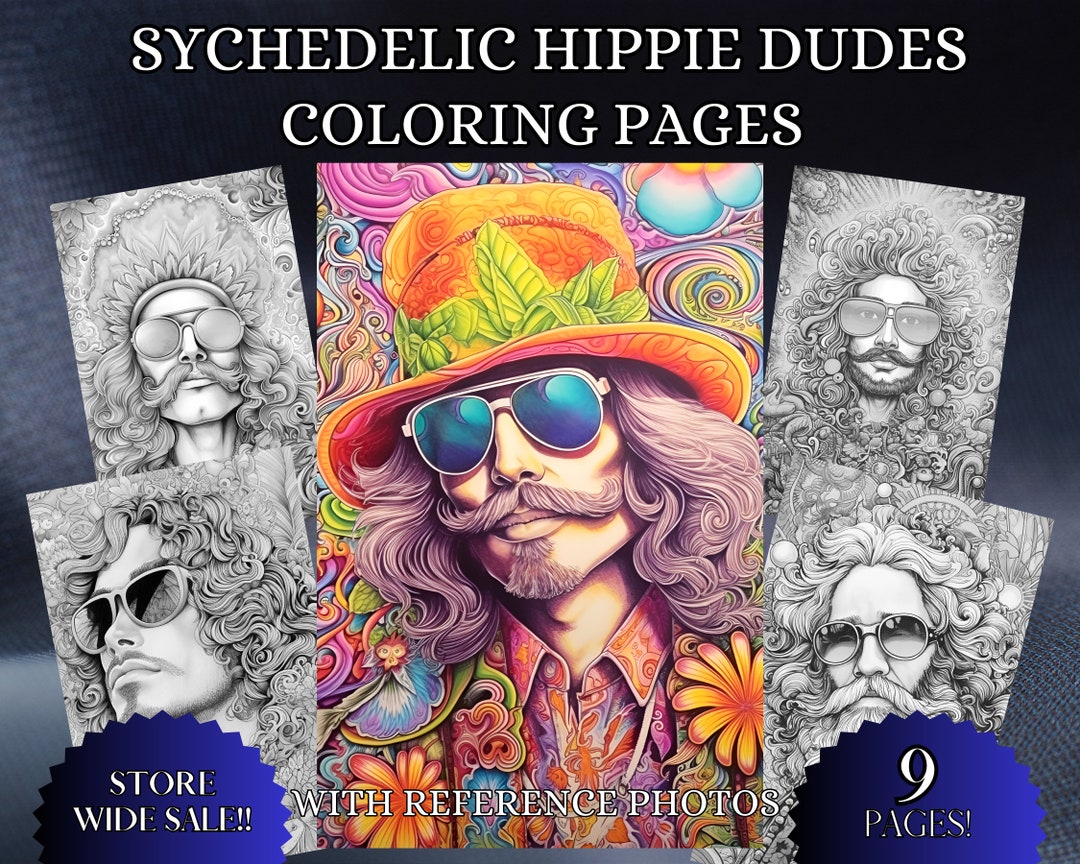 Sychedelic, Hippies Coloring Pages, Grayscale Coloring Book,adult ...