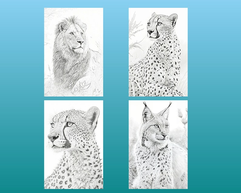 Wildlife Realistic Coloring Pages of Wild Cats, Grayscale Coloring Book ...