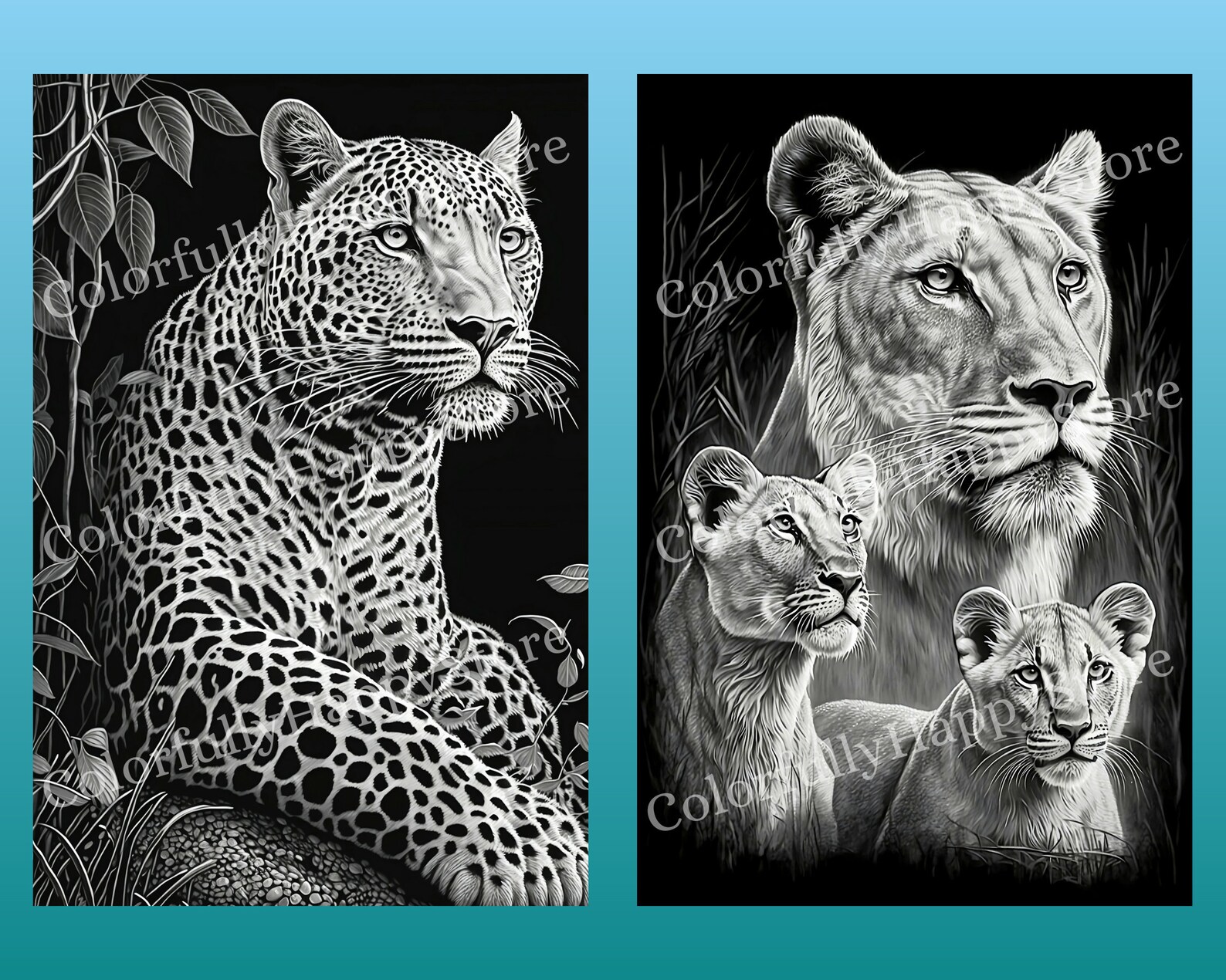 Bigcats Grayscale Coloring Pages Black Background Adult - Etsy