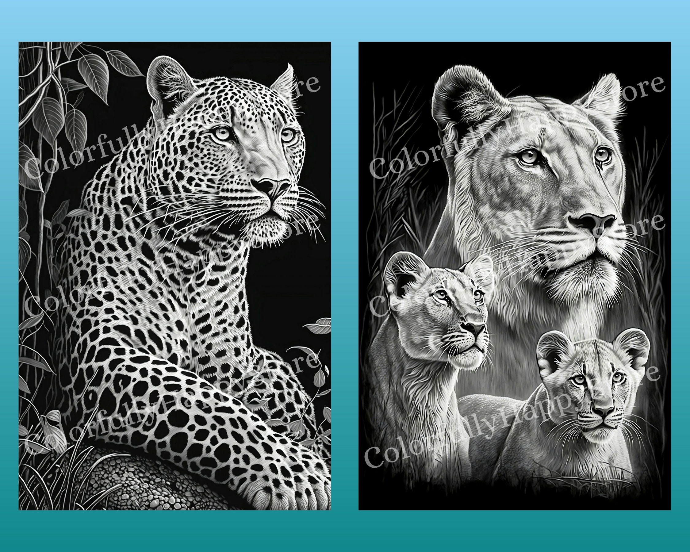 Bigcats Grayscale Coloring Pages Black Background Adult - Etsy