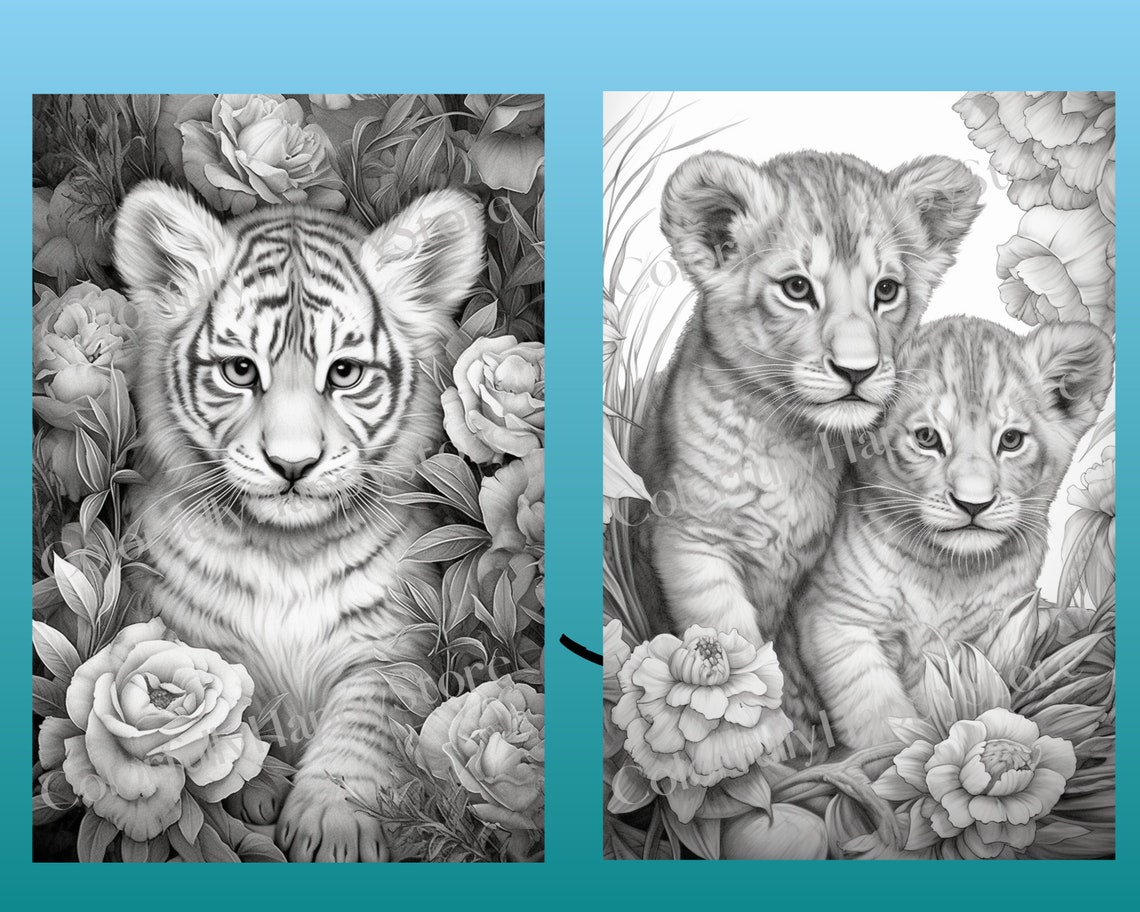 Coloring Lion Tiger Cubs Coloring Pages Adult Coloring Book - Etsy