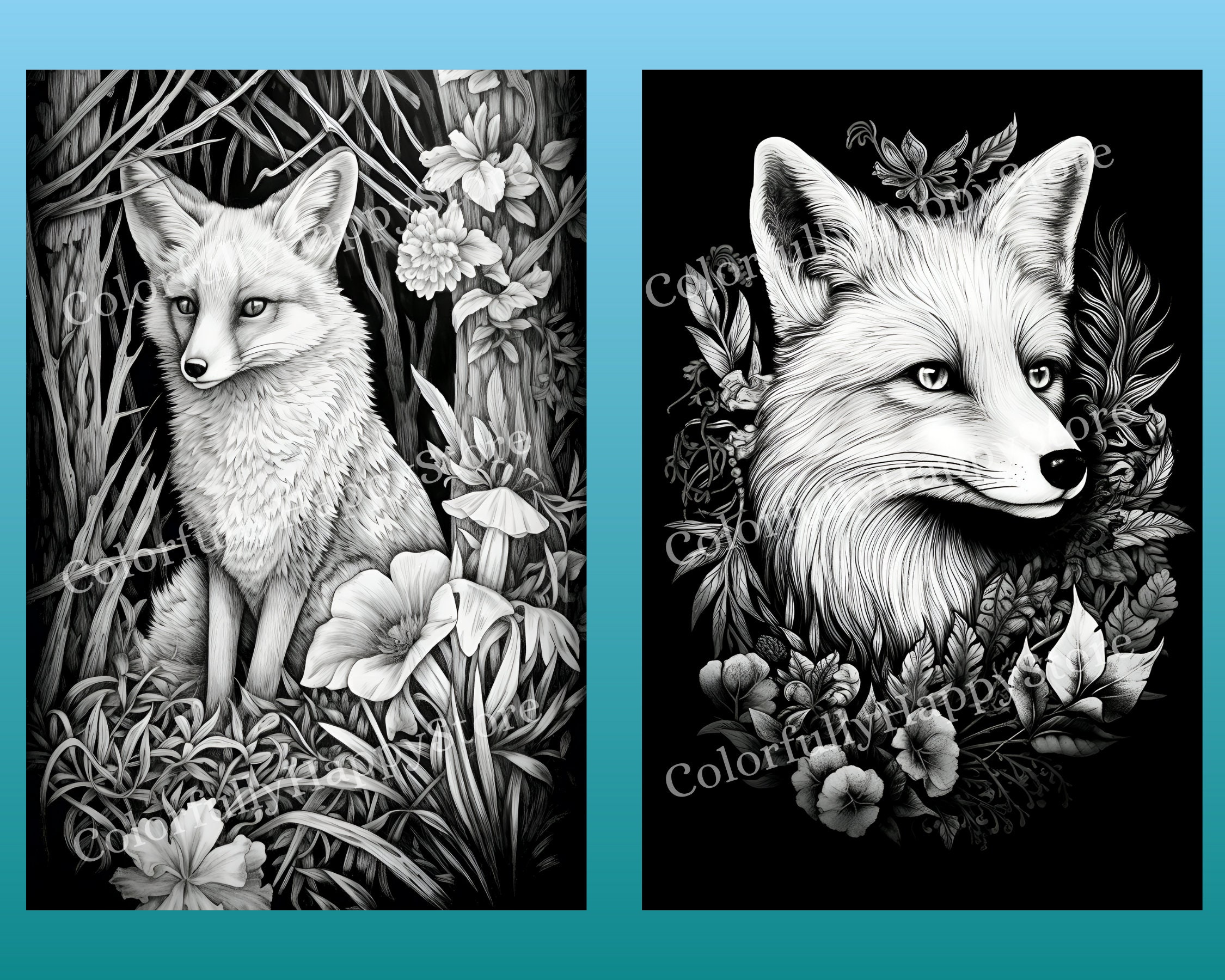 Foxes Coloring Pages, Adults Grayscale Coloring Book, Coloring ...
