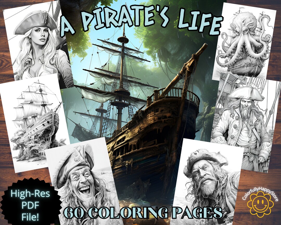 Pirate's Life Coloring Pages: Grayscale Fantasy Art (PDF Download) - Etsy