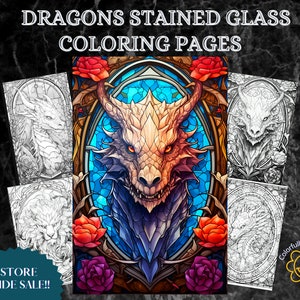 Dragons Stained Glass Coloring Adult Coloring Pages Fantasy Coloring ...