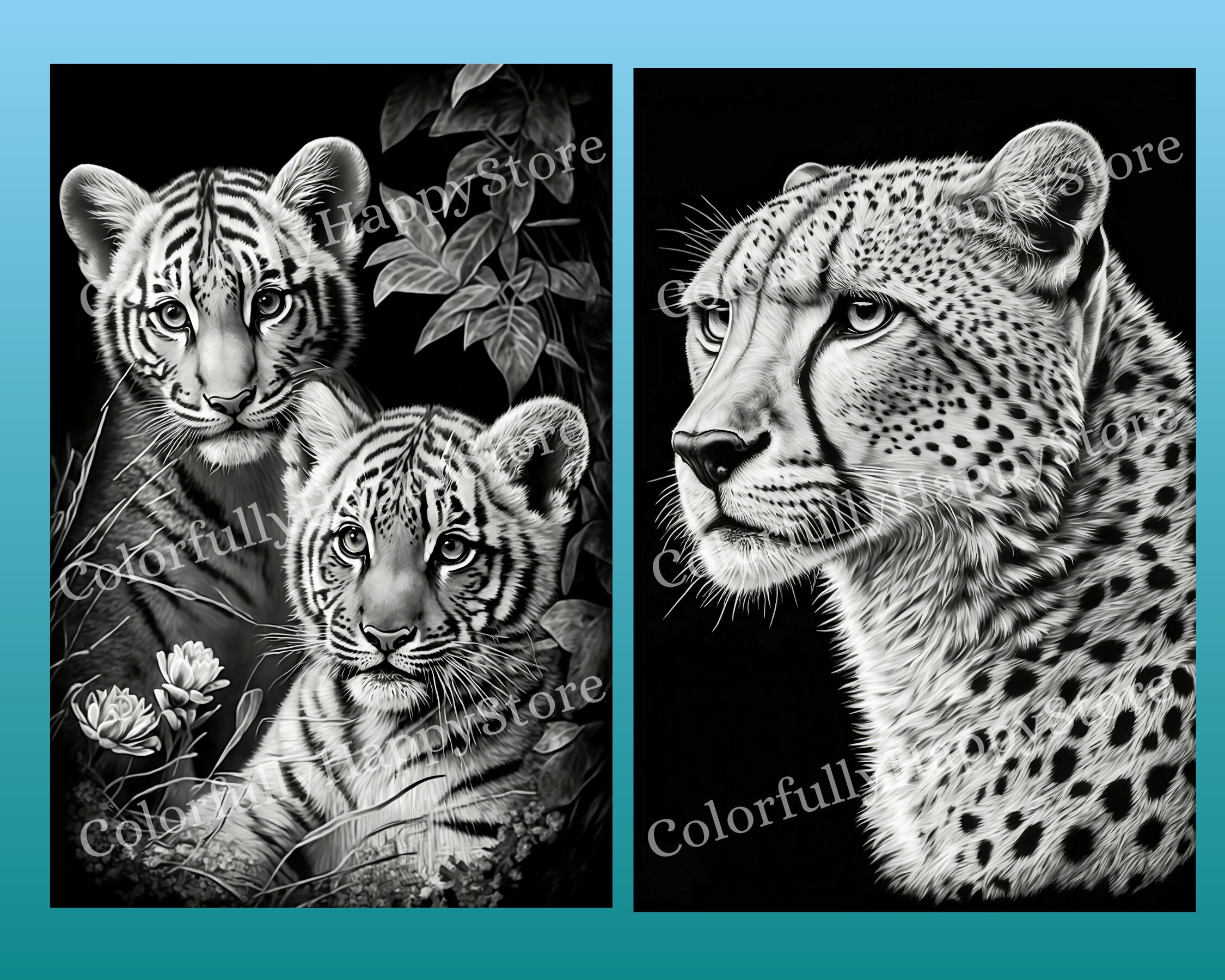 Bigcats Grayscale Coloring Pages Black Background Adult - Etsy