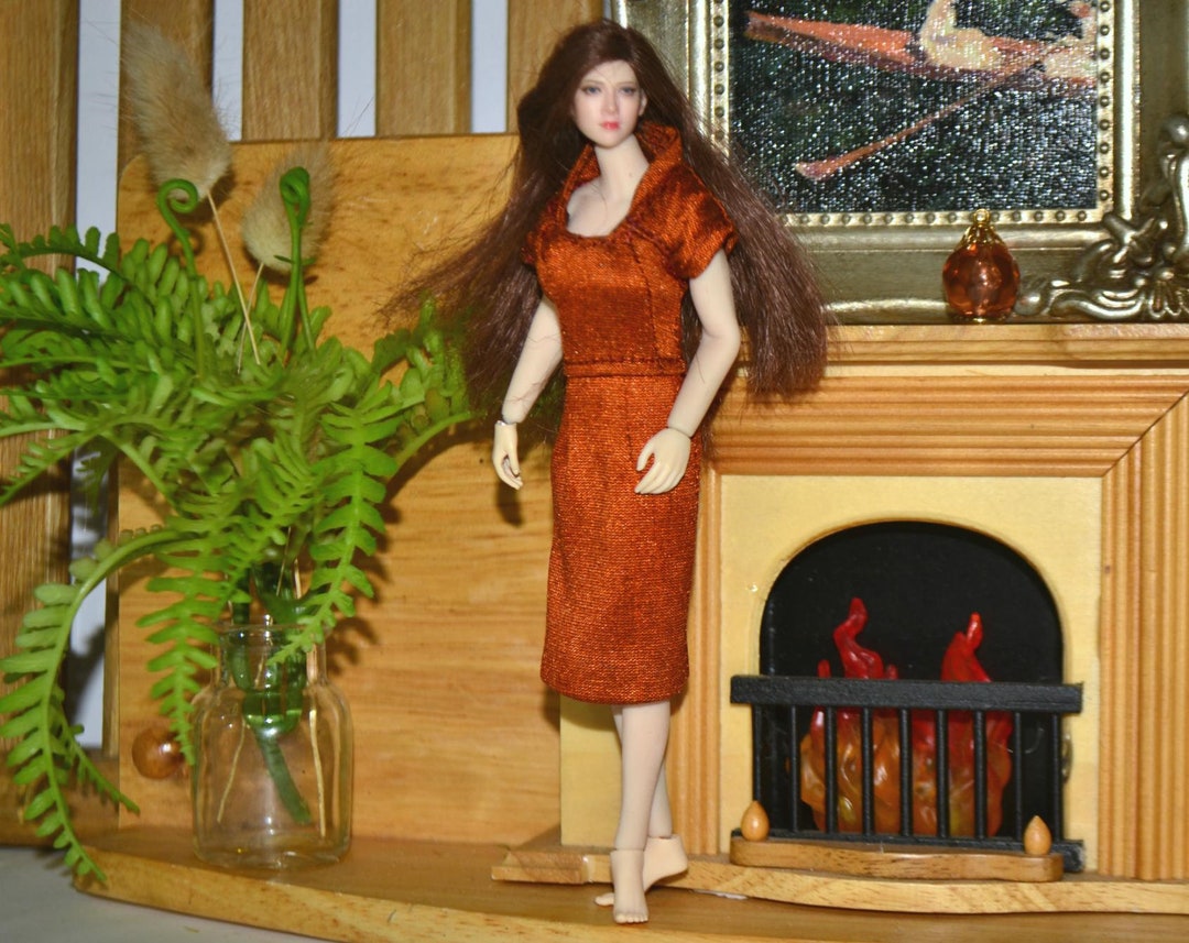 PHICEN Doll Dress Feminine Stunning Copper Color Faux Silk Dress 1:12 ...