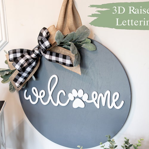 Welcome Paw Print Door Hanger Wooden Front Door Decor | Etsy