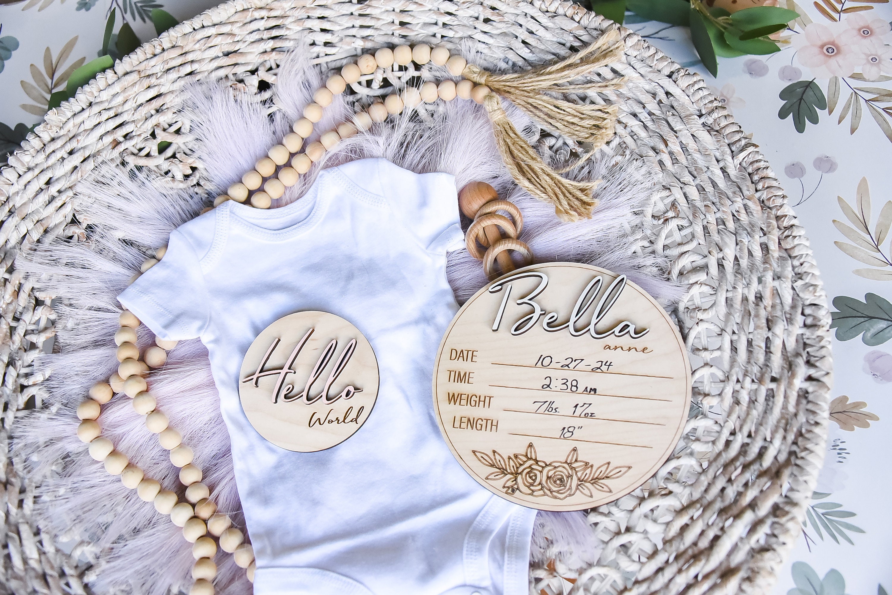 Floral Baby Birth Stat Sign for Hospital, Wooden Baby Announcement Sign ...