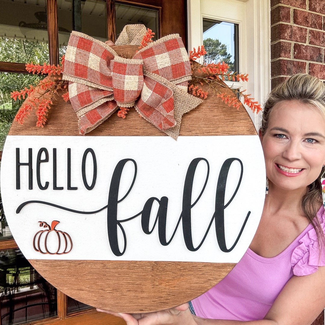 Hello Fall Door Hanger | Fall Front Door Decor | Hello Fall Wooden Door ...
