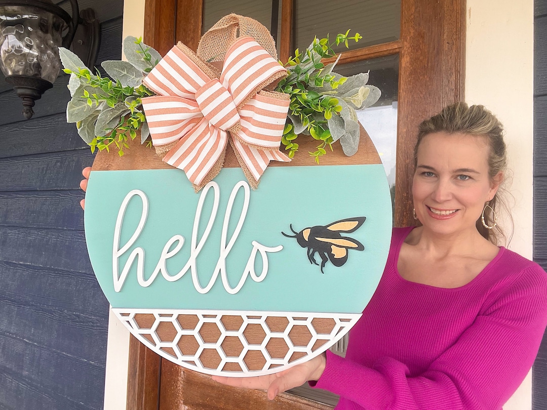 Hello Door Hanger | Bee Front Door Decor | Front Door Sign | Newlyweds ...
