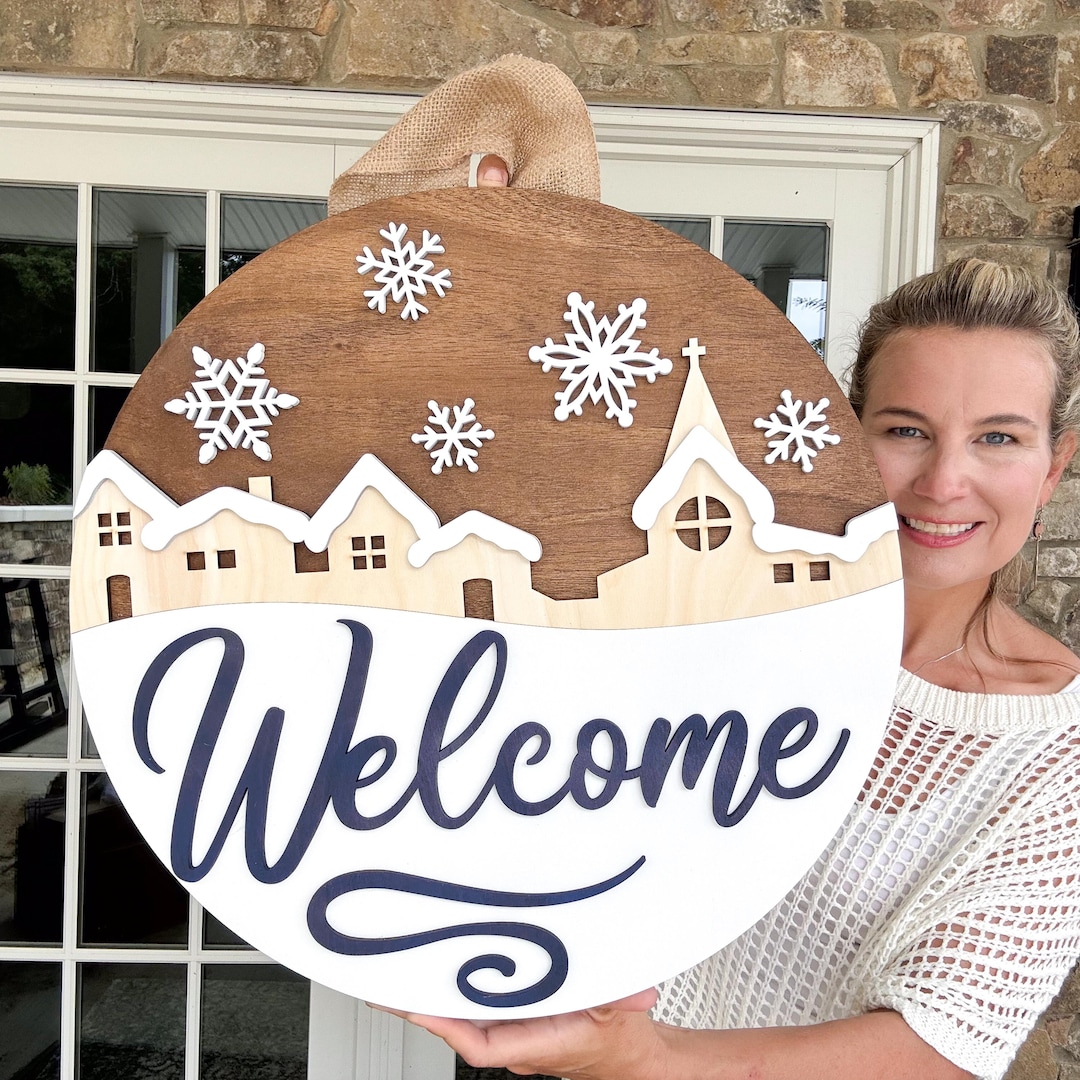 Winter Welcome Door Hanger | Winter Front Door Decor | Wooden Welcome ...