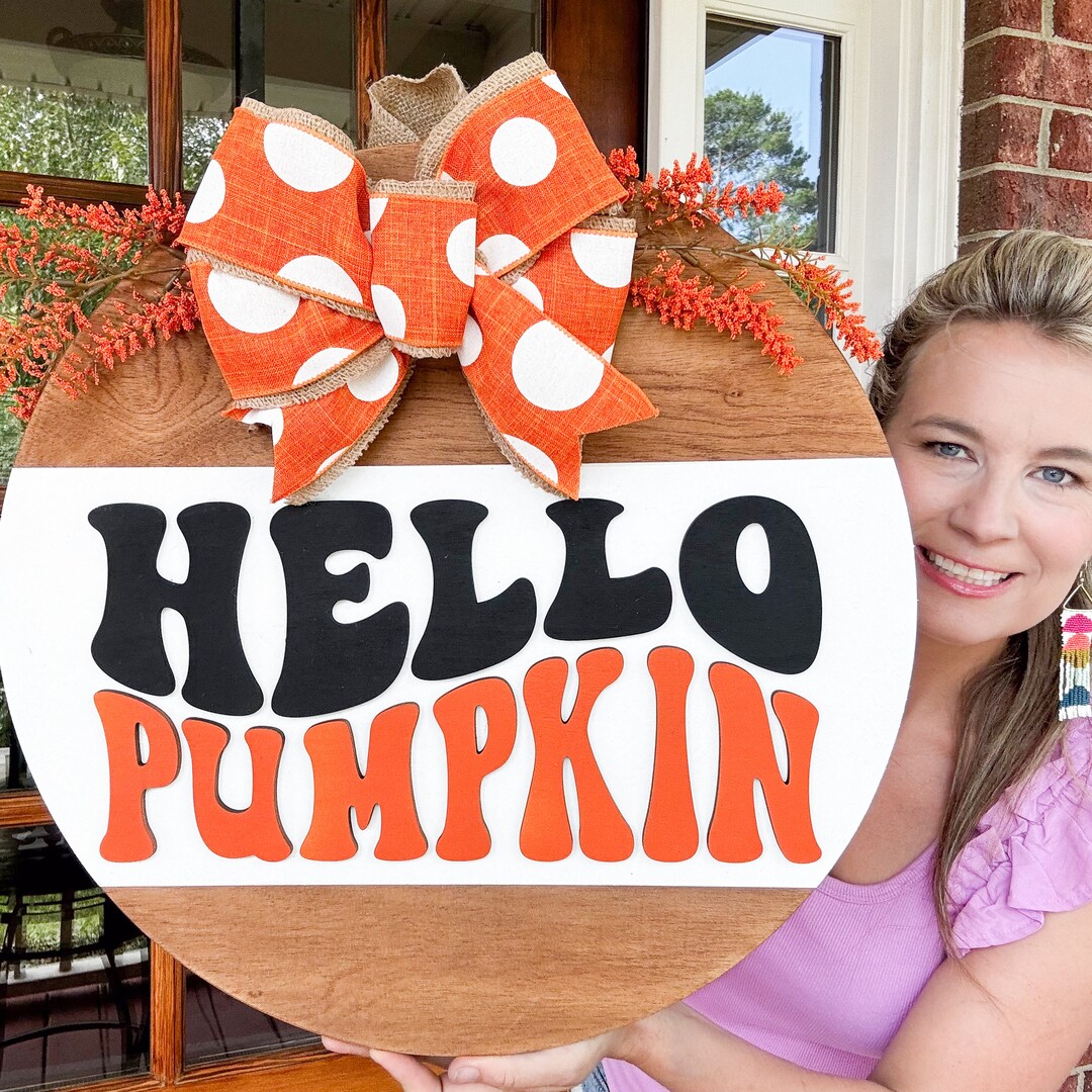 Retro Fall Door Hanger | Retro Hello Pumpkin Front Door Decor | Hello ...