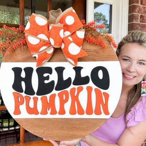 Retro Fall Door Hanger | Retro Hello Pumpkin Front Door Decor | Hello ...