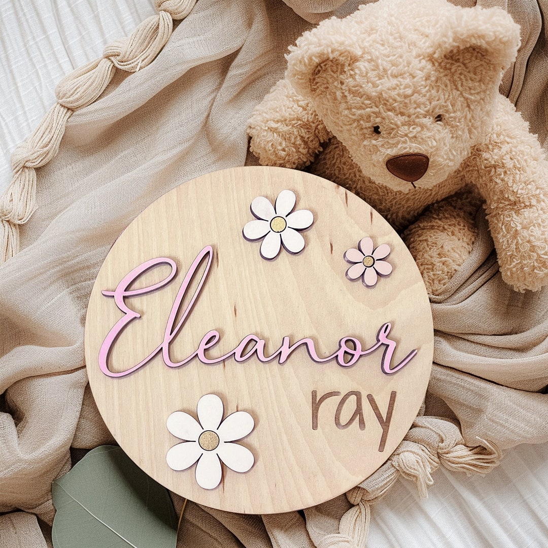 Baby Girl Name Disc With Flower, Wooden Baby Announcement Disc, Newborn ...