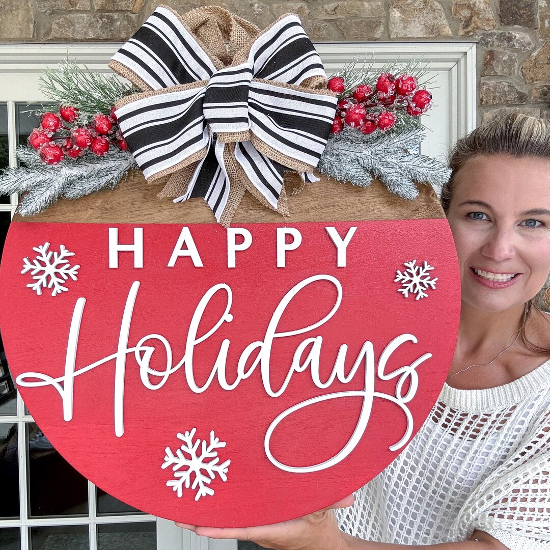 Happy Holidays Door Hanger | Happy Holidays Front Door Decor | Wooden ...
