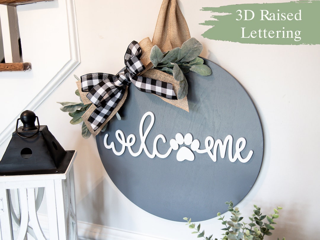Welcome Paw Print Door Hanger Wooden Front Door Decor - Etsy