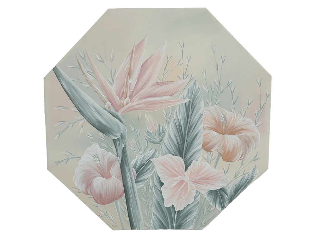 Vintage Octagonal Oil on Canvas Painting Bird of Paradise and Hibiscus ...