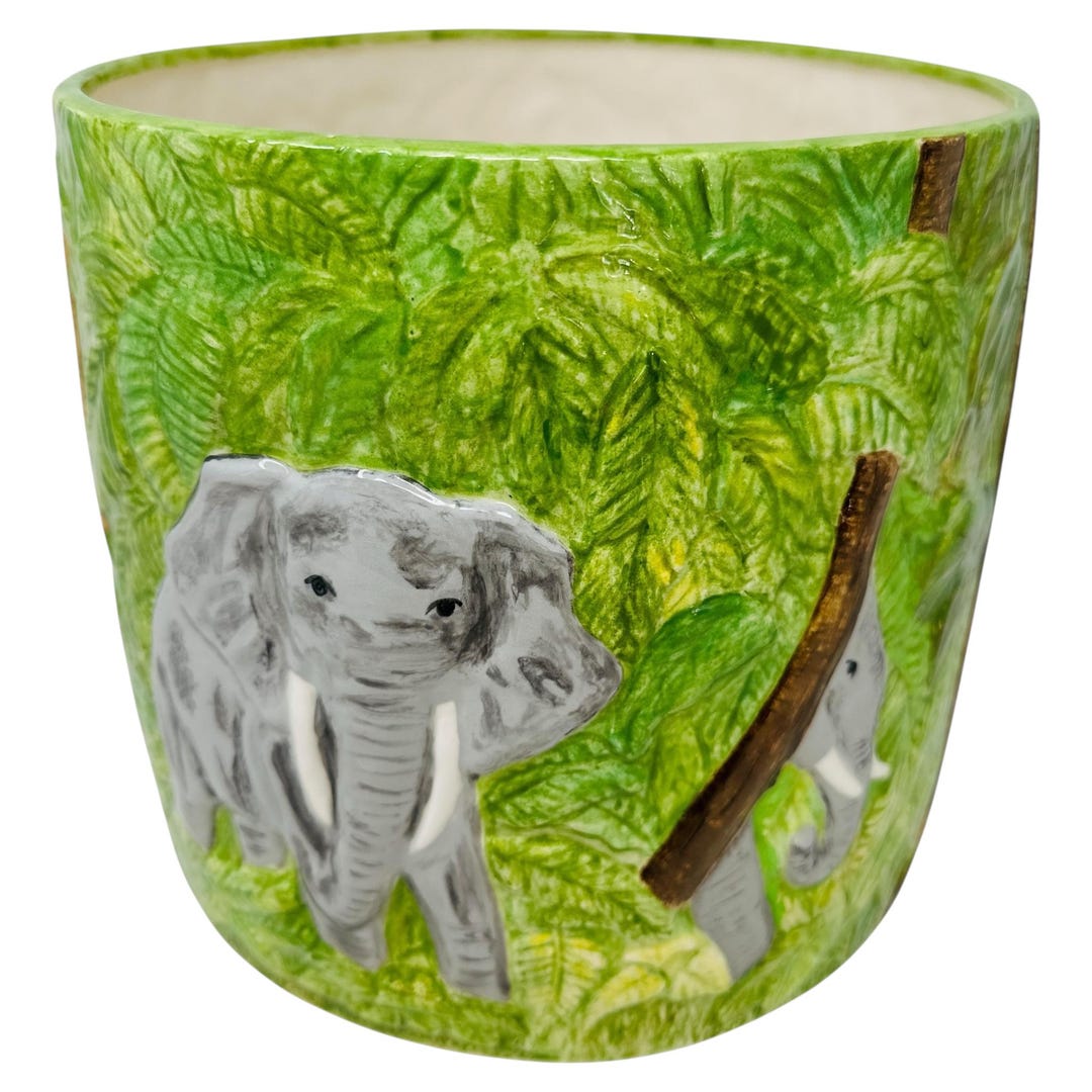 Vintage Majolica Elephant Planter | Green Jungle Safari Ceramic ...