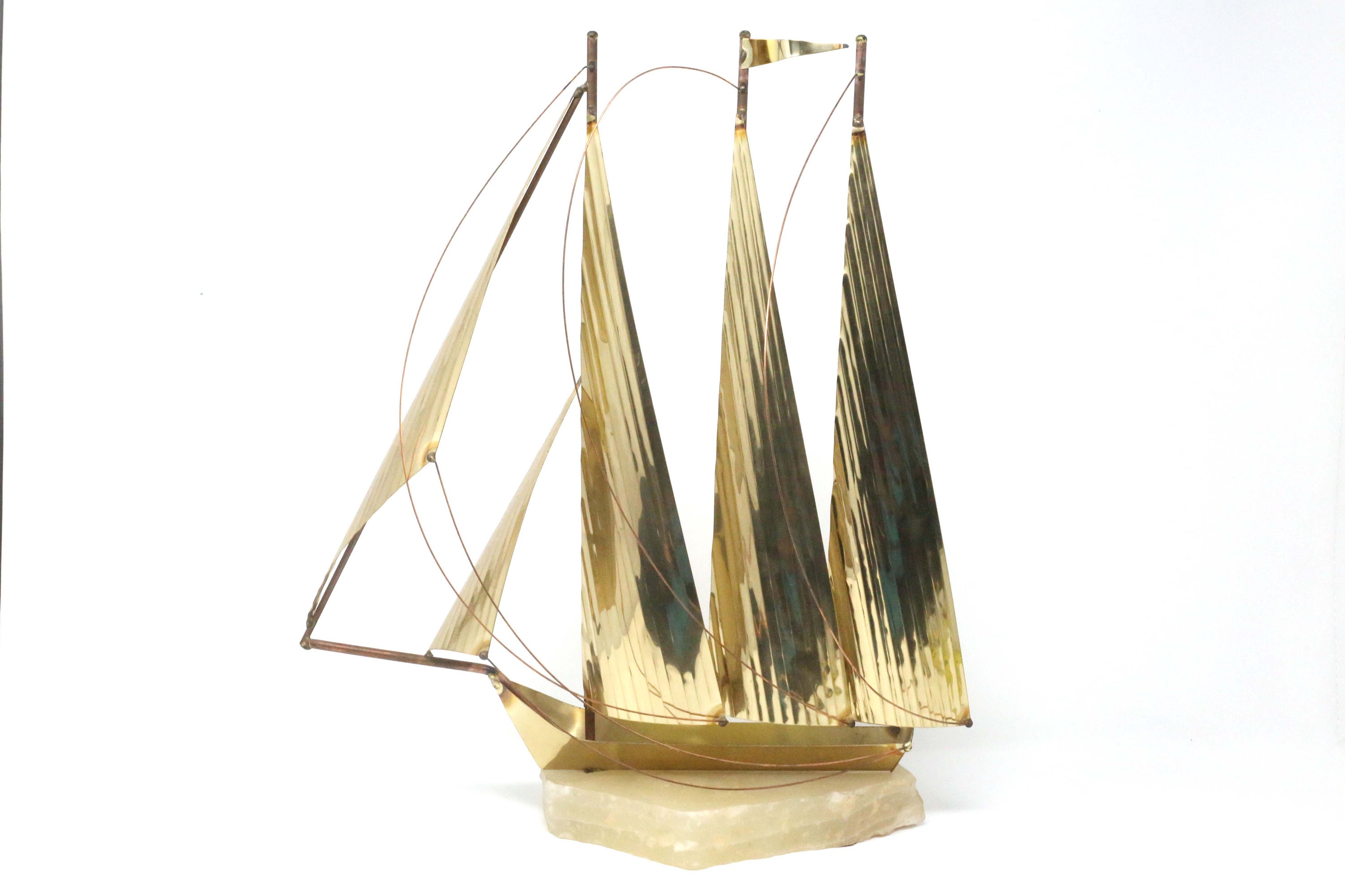 Vintage 15" Tall Brass Clipper Ship on Marble Base Sailboat Office or ...