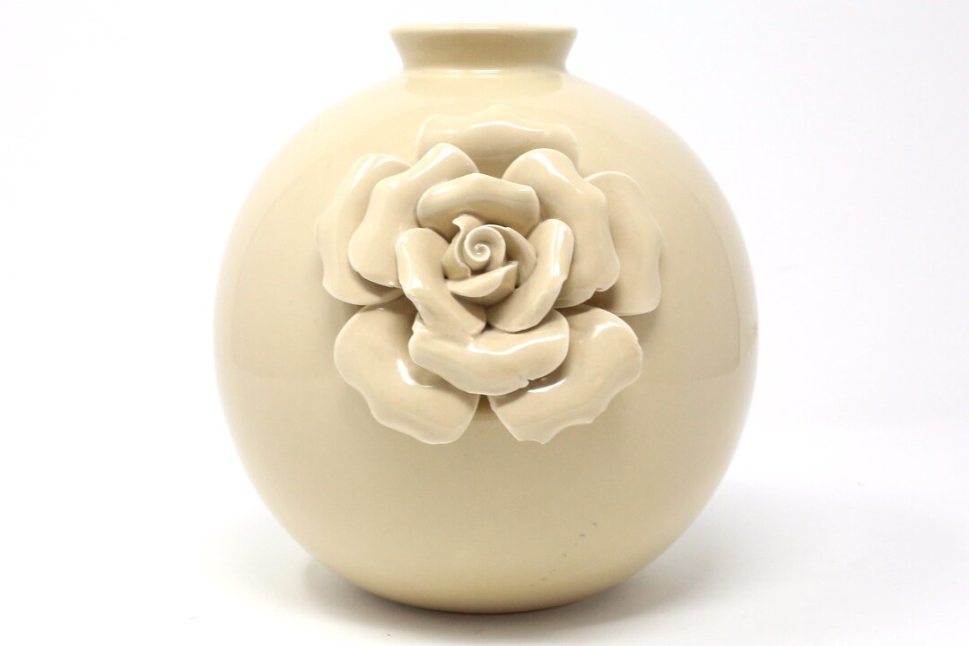 Vintage Round Beige Sculpted Rose Vase - Etsy