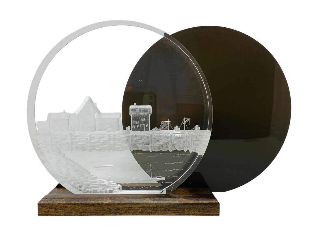 1978 Signed Ronald Fox Reverse Carved Lucite Fishing Village With Green ...