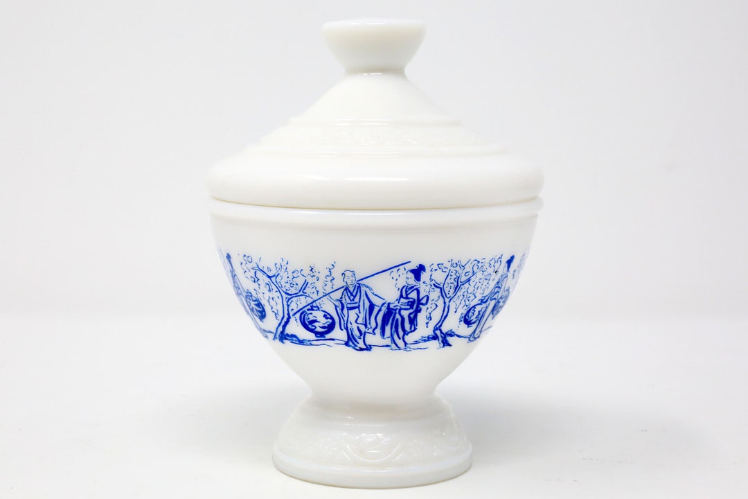 Vintage Made in Belgium Milk Glass Dish With Blue and White Asian Motif ...
