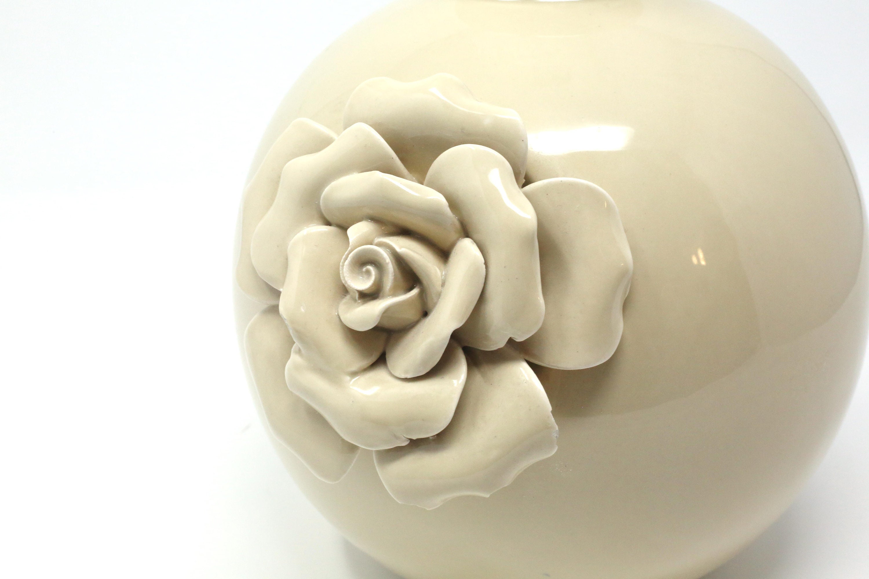 Vintage Round Beige Sculpted Rose Vase - Etsy