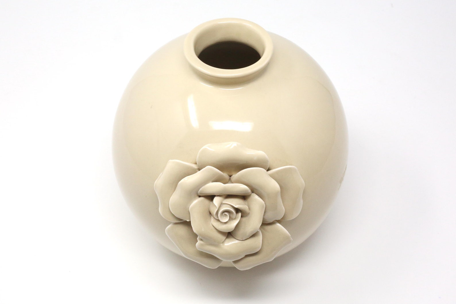 Vintage Round Beige Sculpted Rose Vase - Etsy
