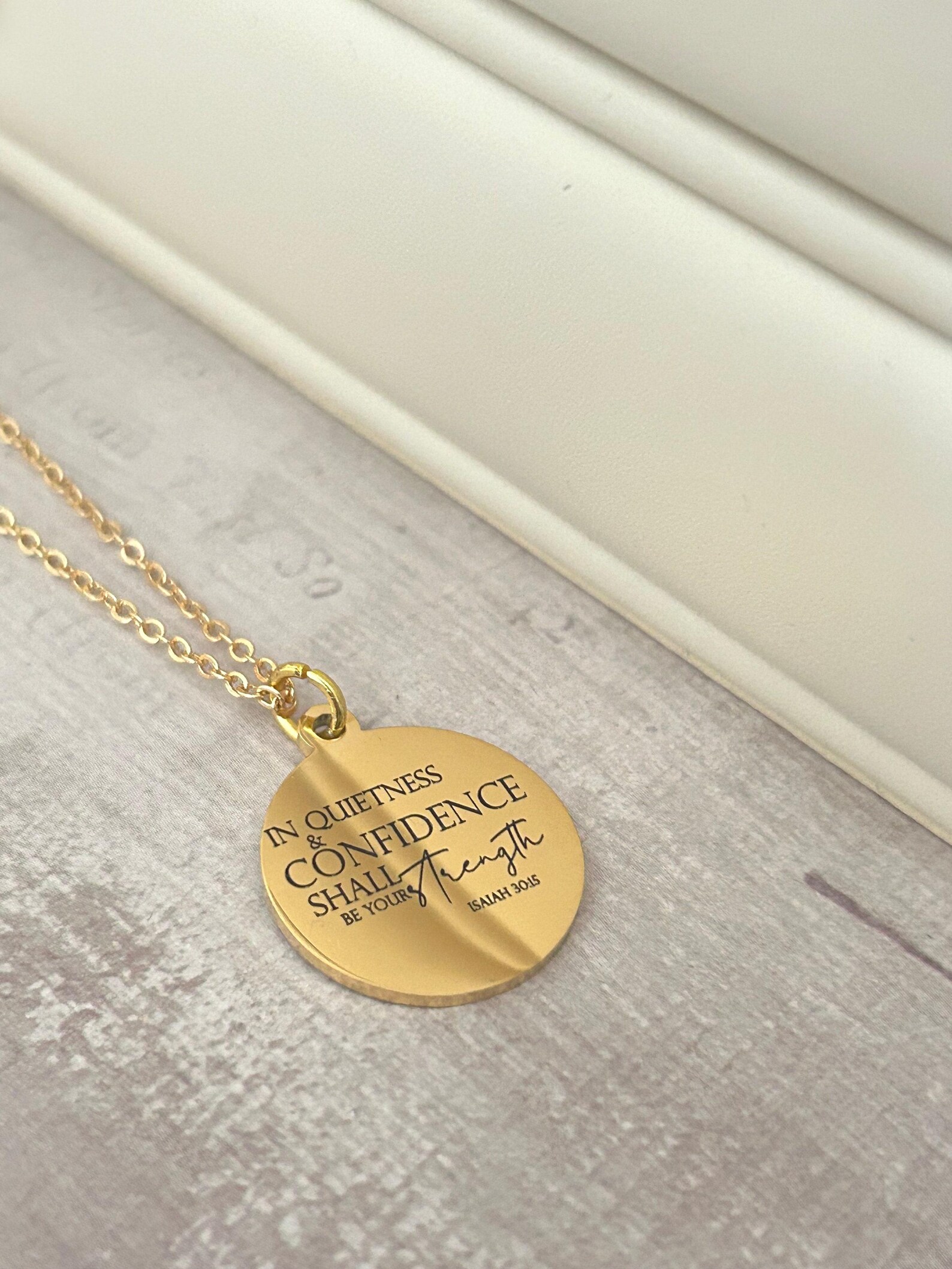 Confidence Necklace: Engraved Gold Disc Christian Gift in Quietness and ...
