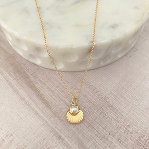 Dainty Gold Seashell and Pearl Necklace Tiny Pendant Beach Gift Sea ...