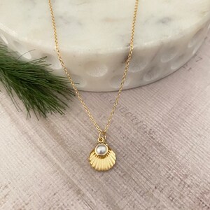 Dainty Gold Seashell and Pearl Necklace Tiny Pendant Beach Gift Sea ...