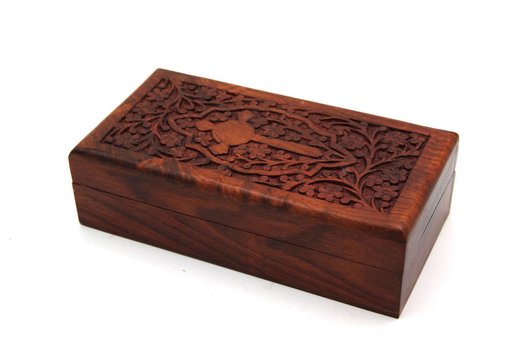 Hand-carved Wooden Rectangle Box Chest | Floral Cross Design | Relic ...